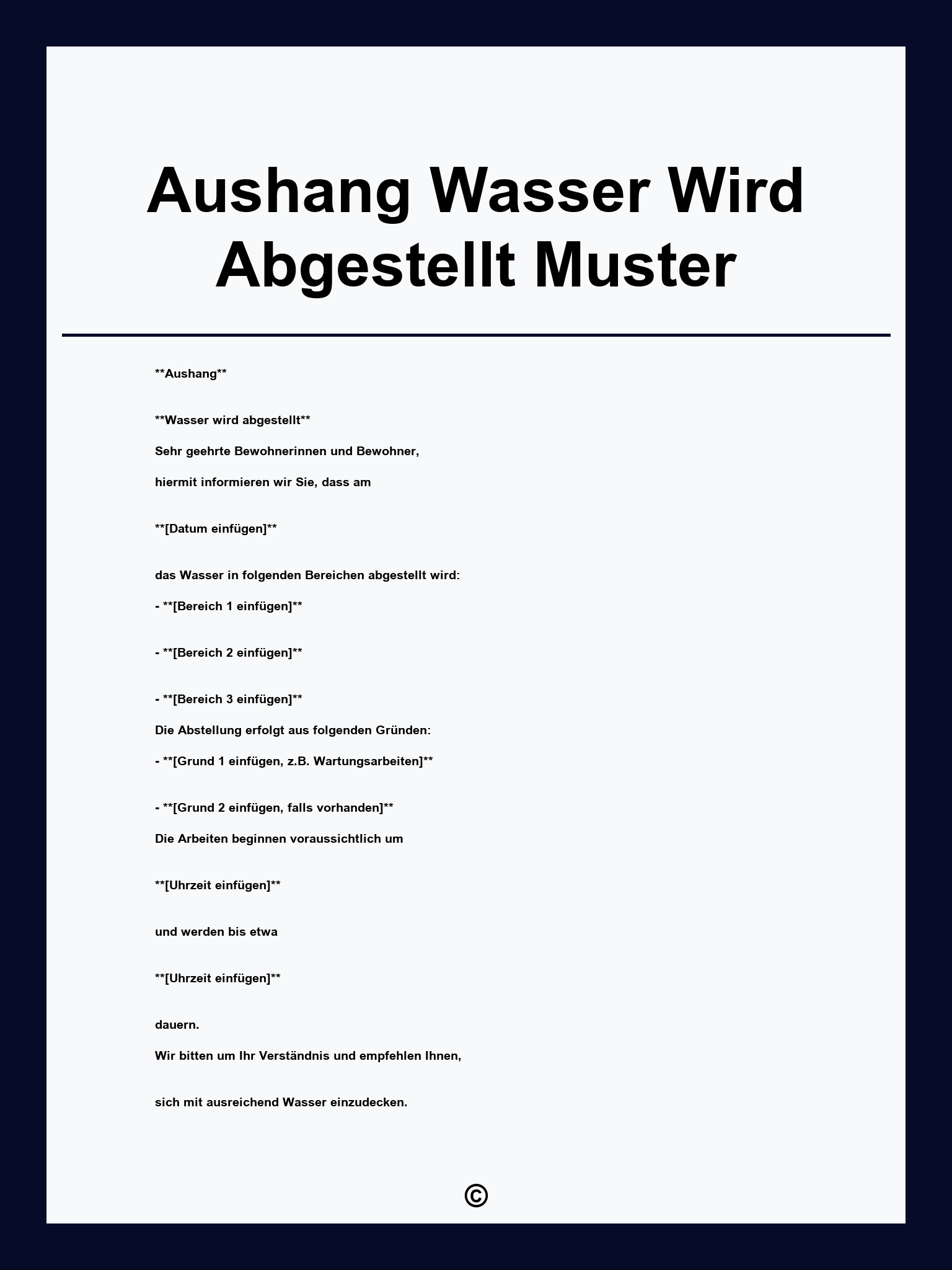 Aushang Wasser Wird Abgestellt Muster